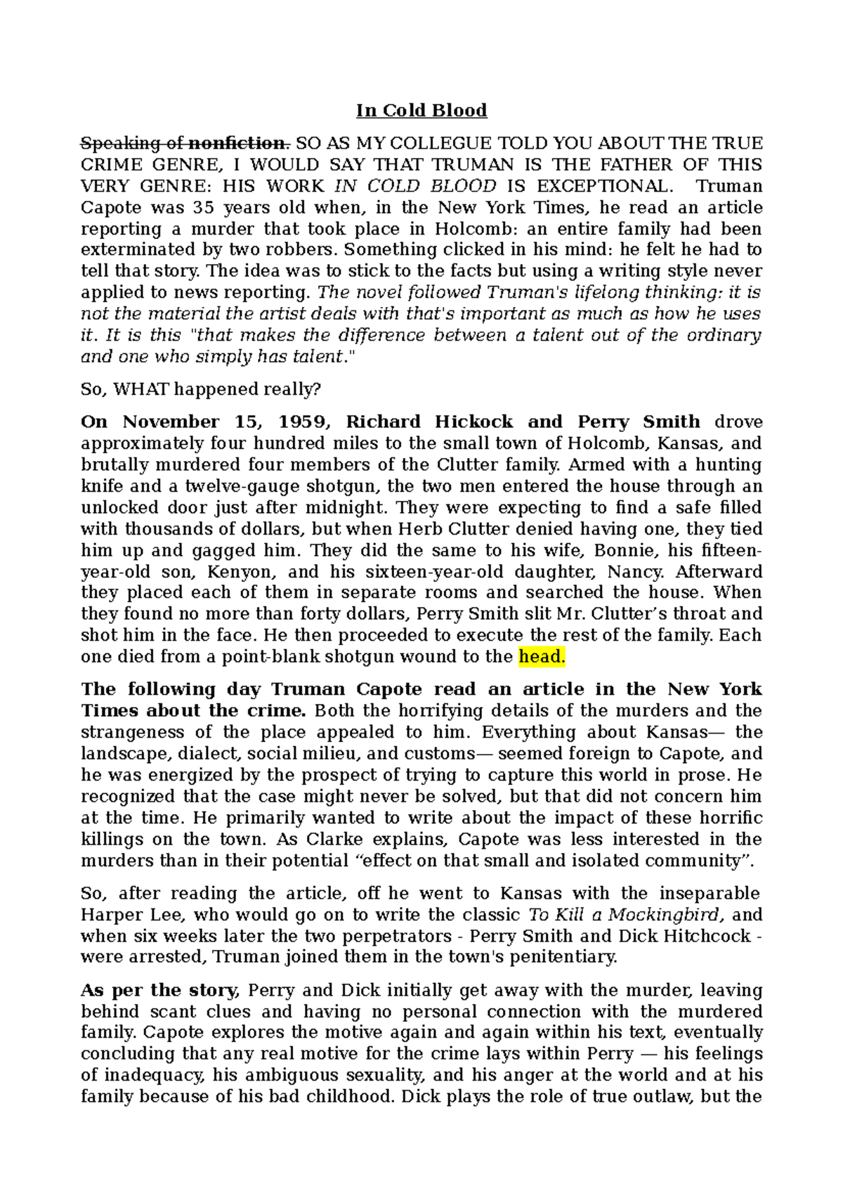 In cold blood di Truman Capote - In Cold Blood Speaking of nonfiction ...