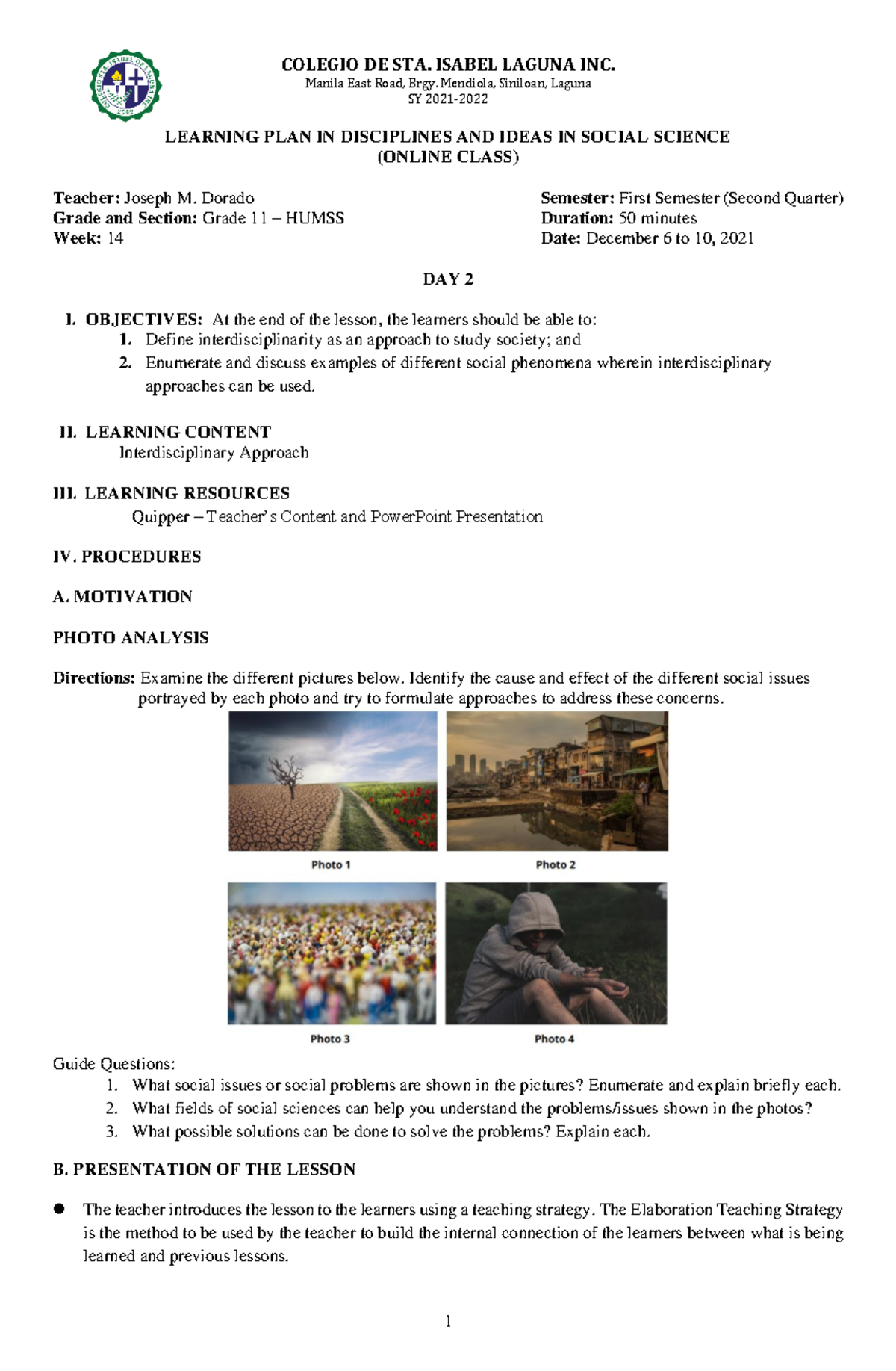 DISS - WEEK 14 - DAY 2 Lesson Plan - 1 COLEGIO DE STA. ISABEL LAGUNA ...