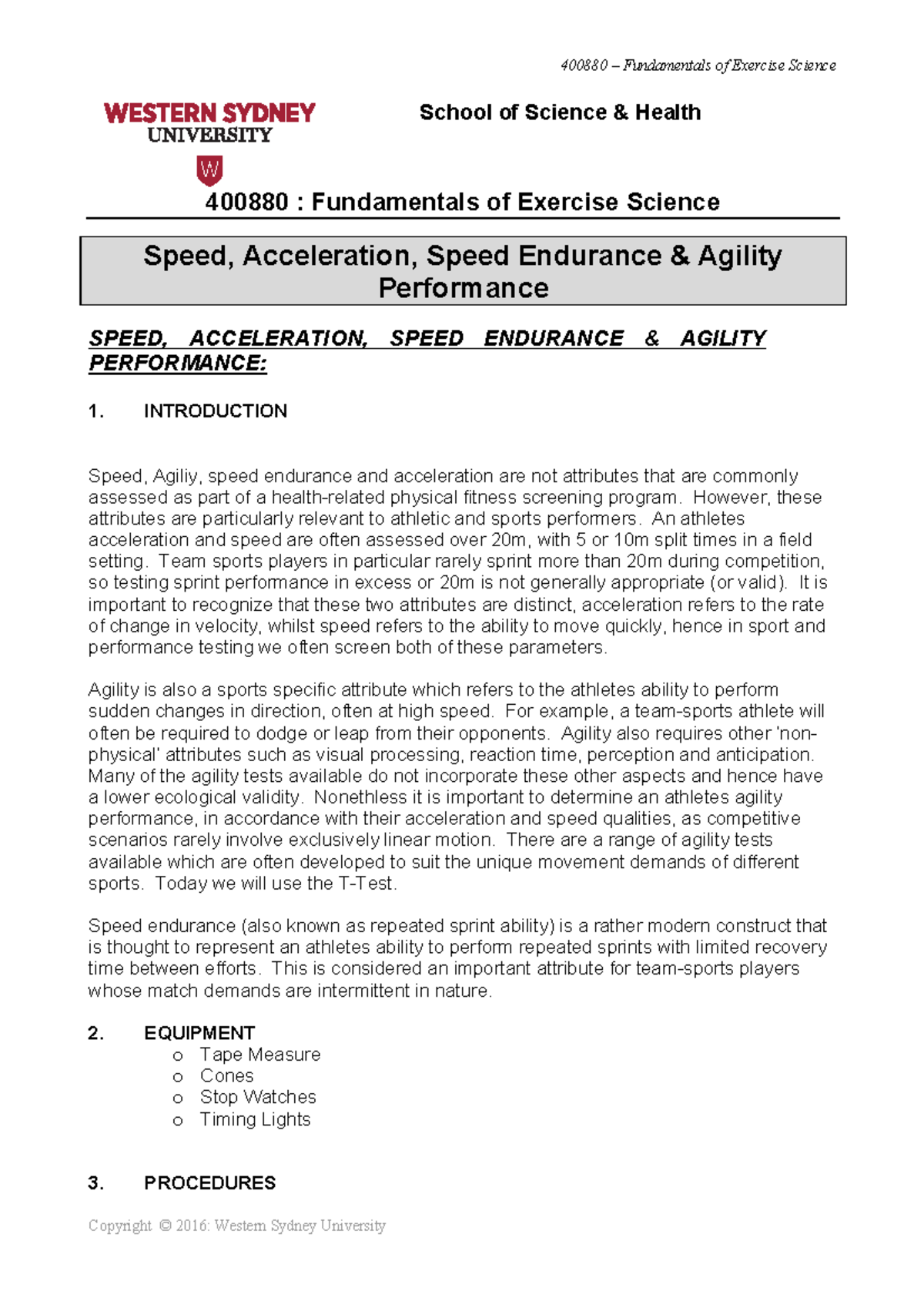 Prac 7 - Sprint, Agility and Jump - 400880 : Fundamentals of Exercise ...