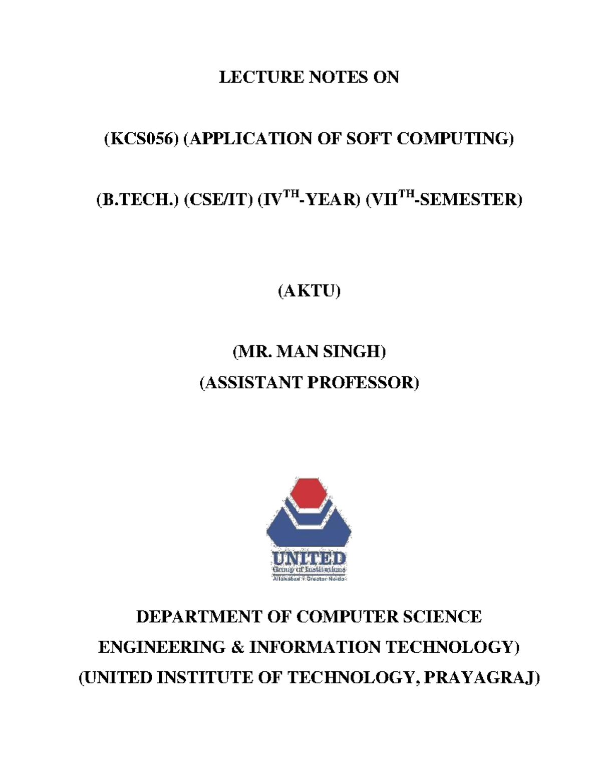 SC Unit 4 - Application of Soft Computing KCS056 - LECTURE NOTES ON ...
