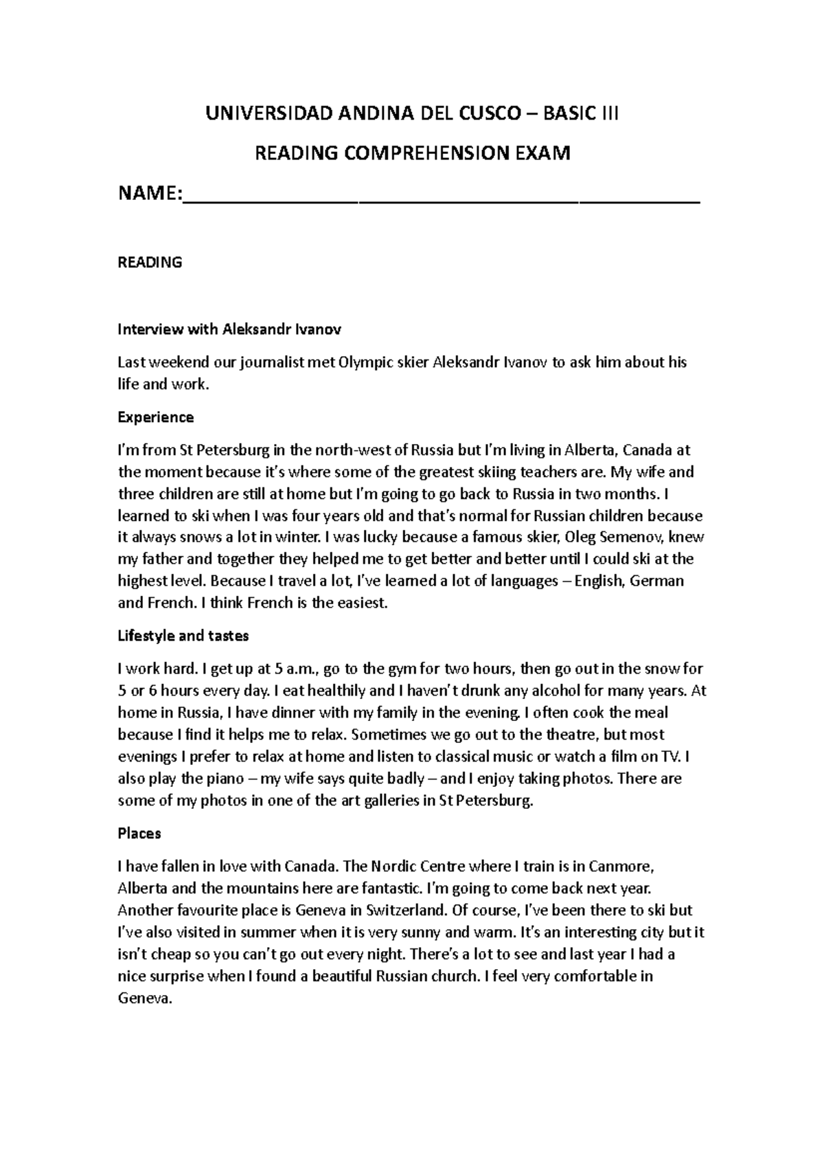 Reding Comprehension EXAM - Basic 3 - UNIVERSIDAD ANDINA DEL CUSCO ...