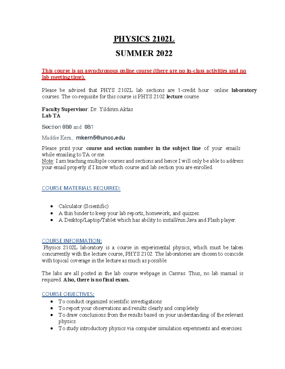 Physics 2 Lab Syllabus - PHYSICS 2102L SUMMER 202 2 This course is an ...