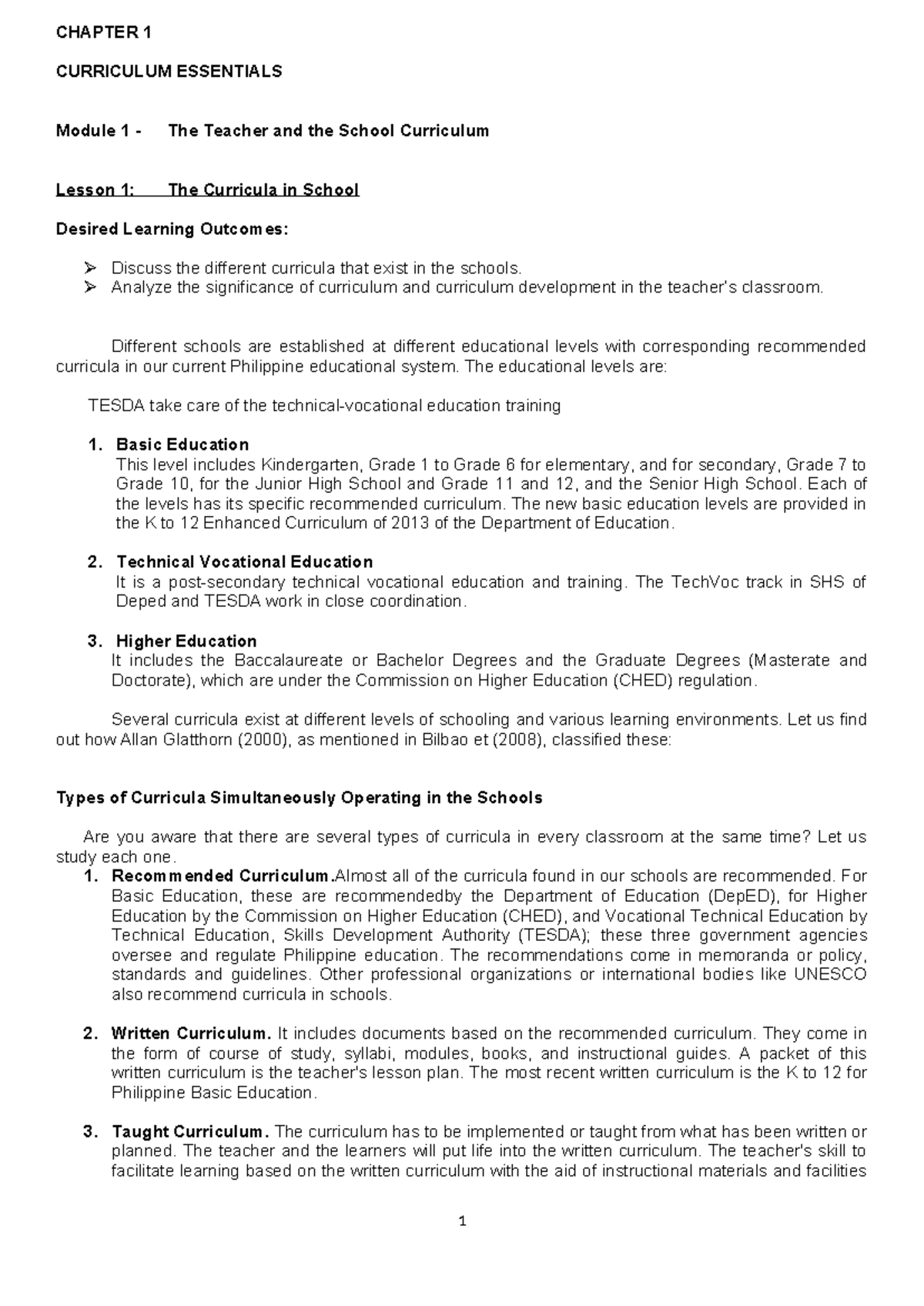 Chapter 1 Modules 1 2 - Notes - CHAPTER 1 CURRICULUM ESSENTIALS Module ...