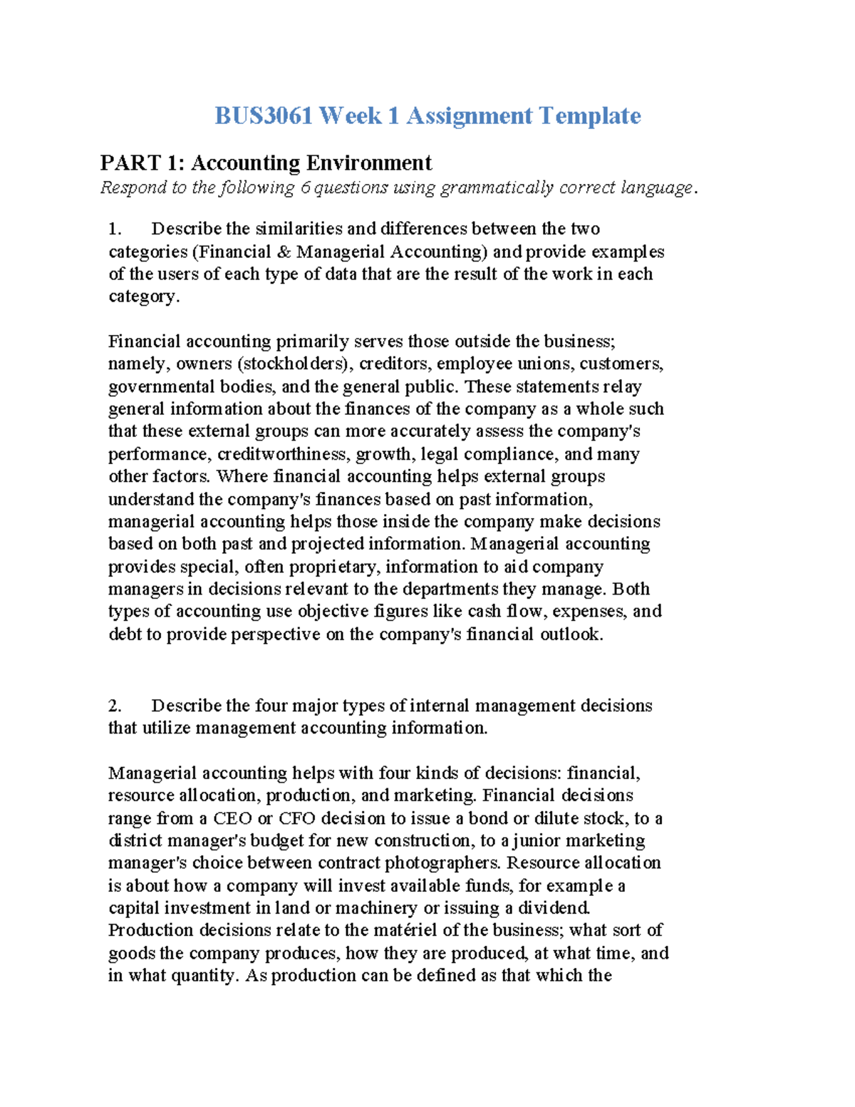 Cf week 1 assignment template - BUS3061 Week 1 Assignment Template PART ...