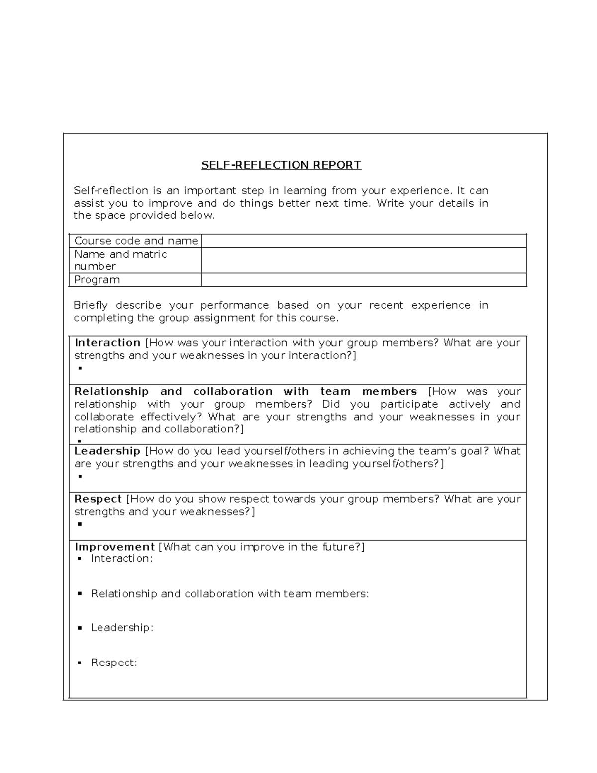 Self-Reflection Report [ Revised] - SELF-REFLECTION REPORT Self ...