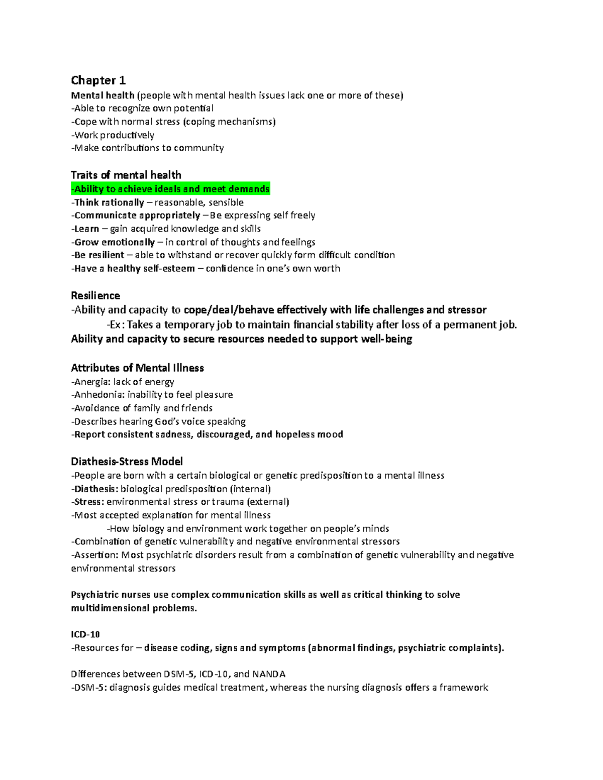 NURS 222 - Week 1 Notes - Chapter 1 Mental health (people with mental ...