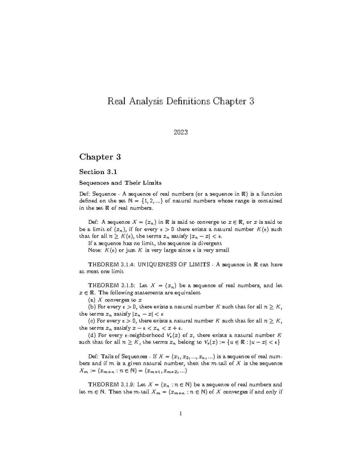 Real Analysis Definitions Chapter 3 - Sequences and Their Limits Def: Sequence - A sequence of ...