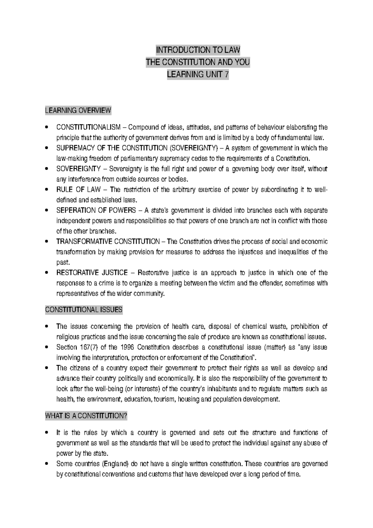 UNIT 7 - UNIT 7 - INTRODUCTION TO LAW THE CONSTITUTION AND YOU LEARNING ...