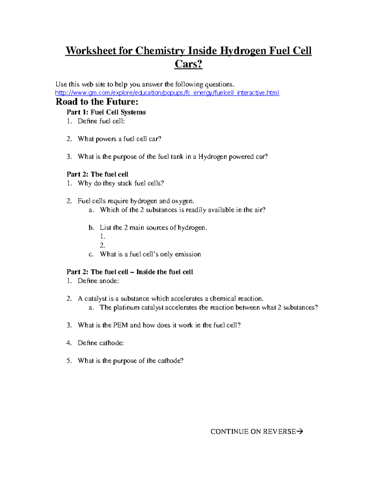 Hydrogen Fuel Cells Worksheet at Patrick Purcell blog