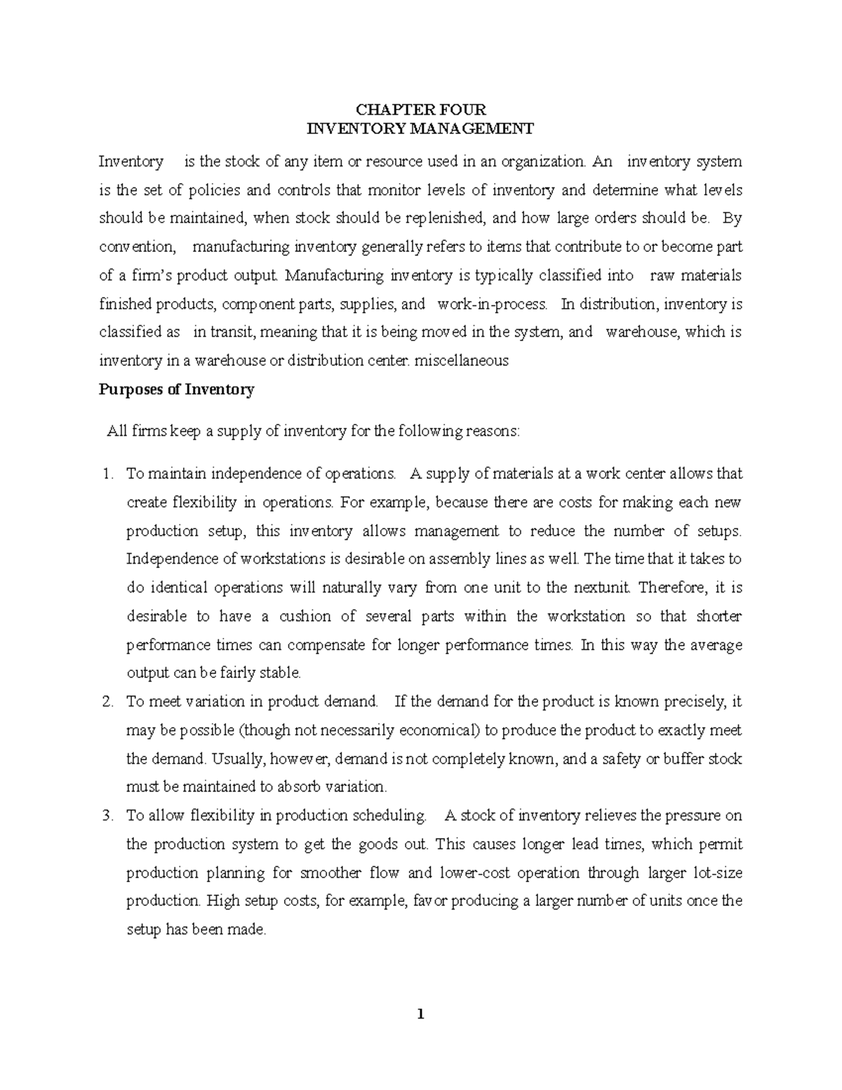 FMll CH 4 Inventory Management Copy - CHAPTER FOUR INVENTORY MANAGEMENT Inventory is the stock ...