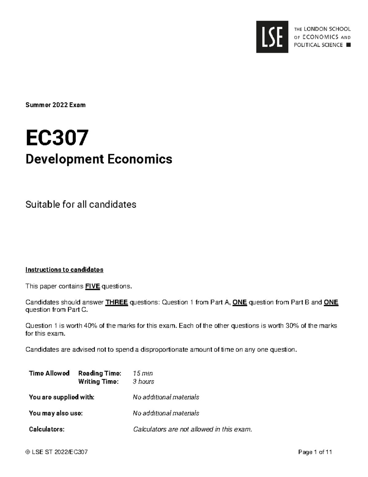EC307 2022 - Summer 2022 Exam EC 307 Development Economics Suitable for ...