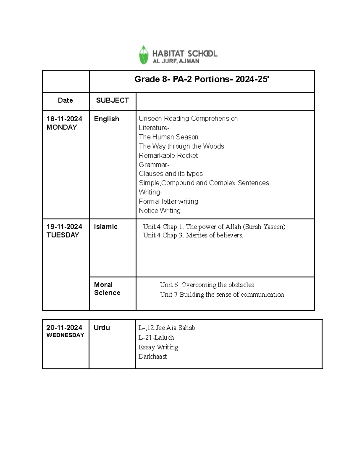 Grade 8 -PA2 Portions - 2024-25' - Grade 8- PA-2 Portions- 2024-25' Date SUBJECT 18-11- MONDAY ...