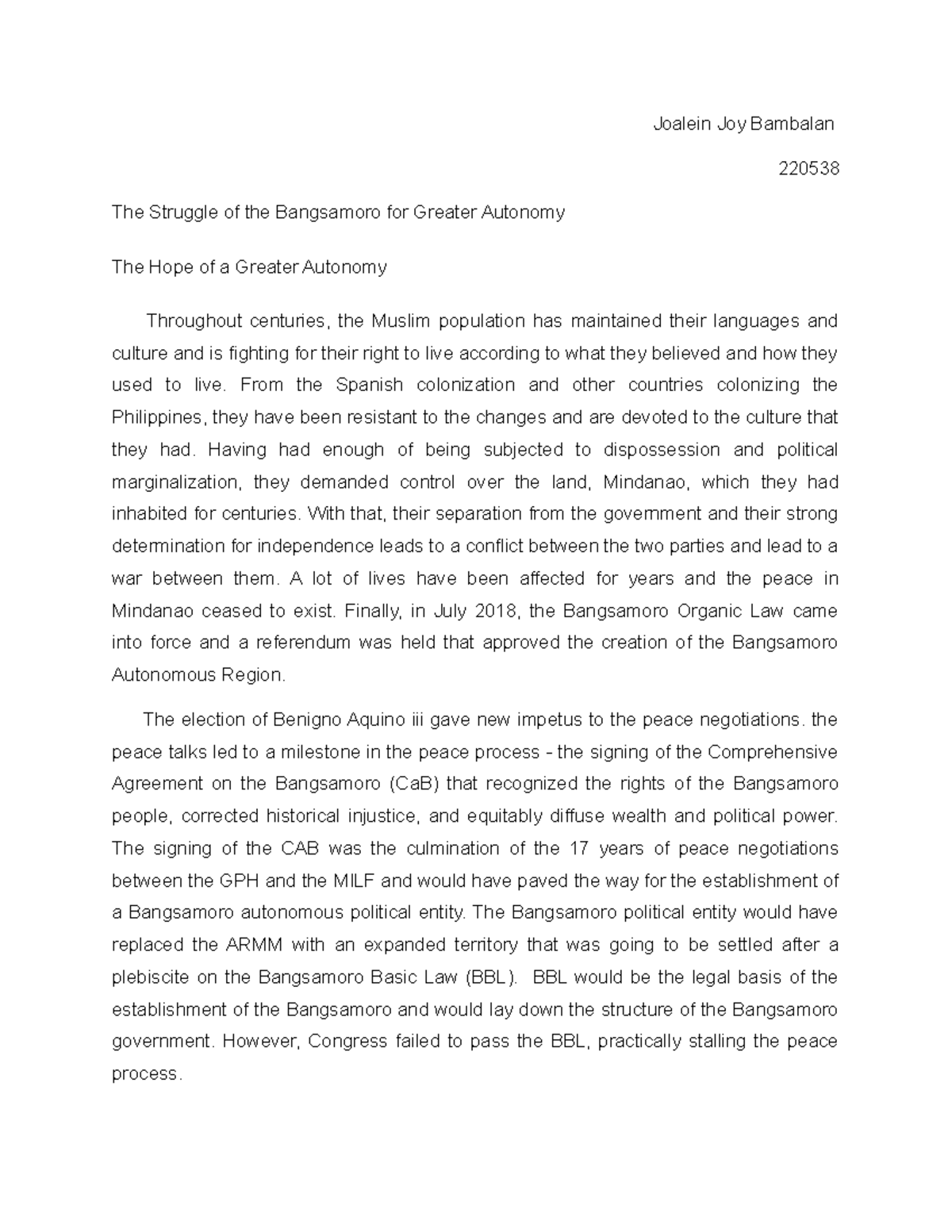 The Essay of Mine - Joalein Joy Bambalan 220538 The Struggle of the ...