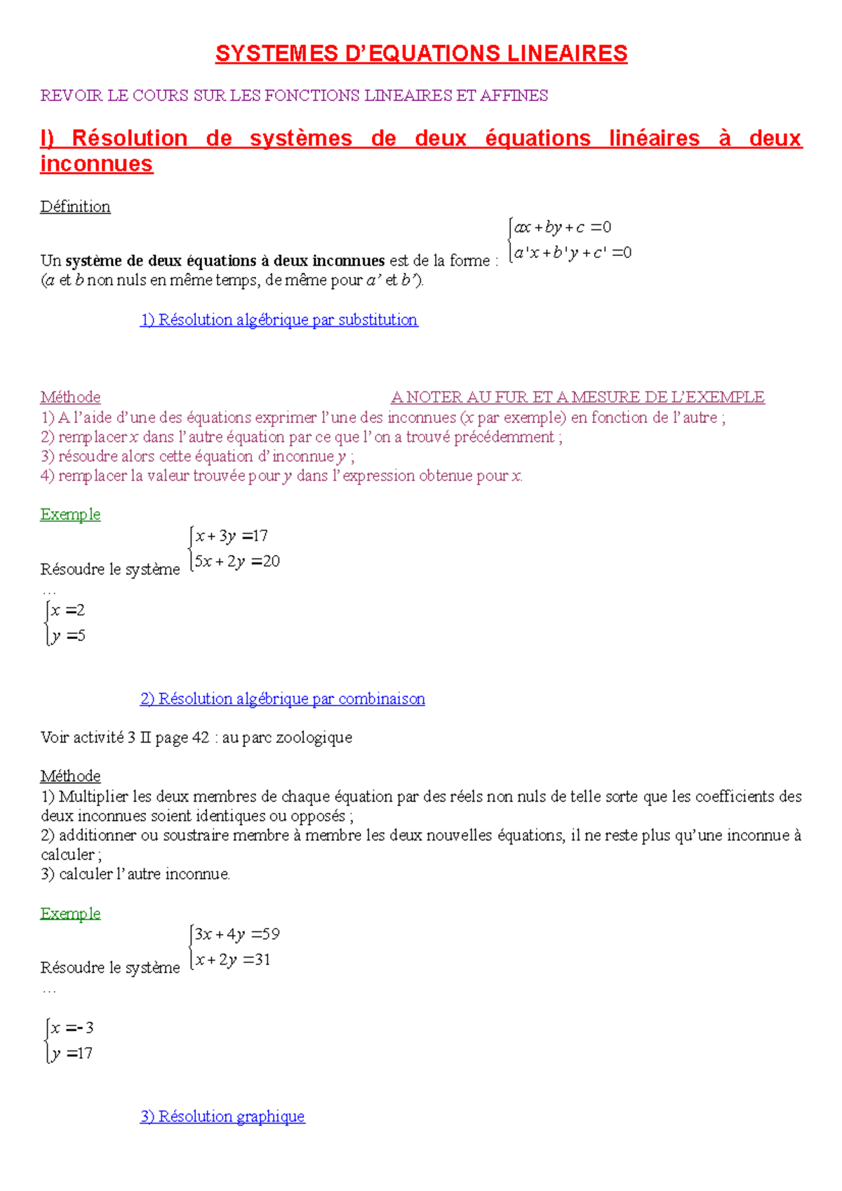 Systeme equations - math Lycee - SYSTEMES D’EQUATIONS LINEAIRES REVOIR ...