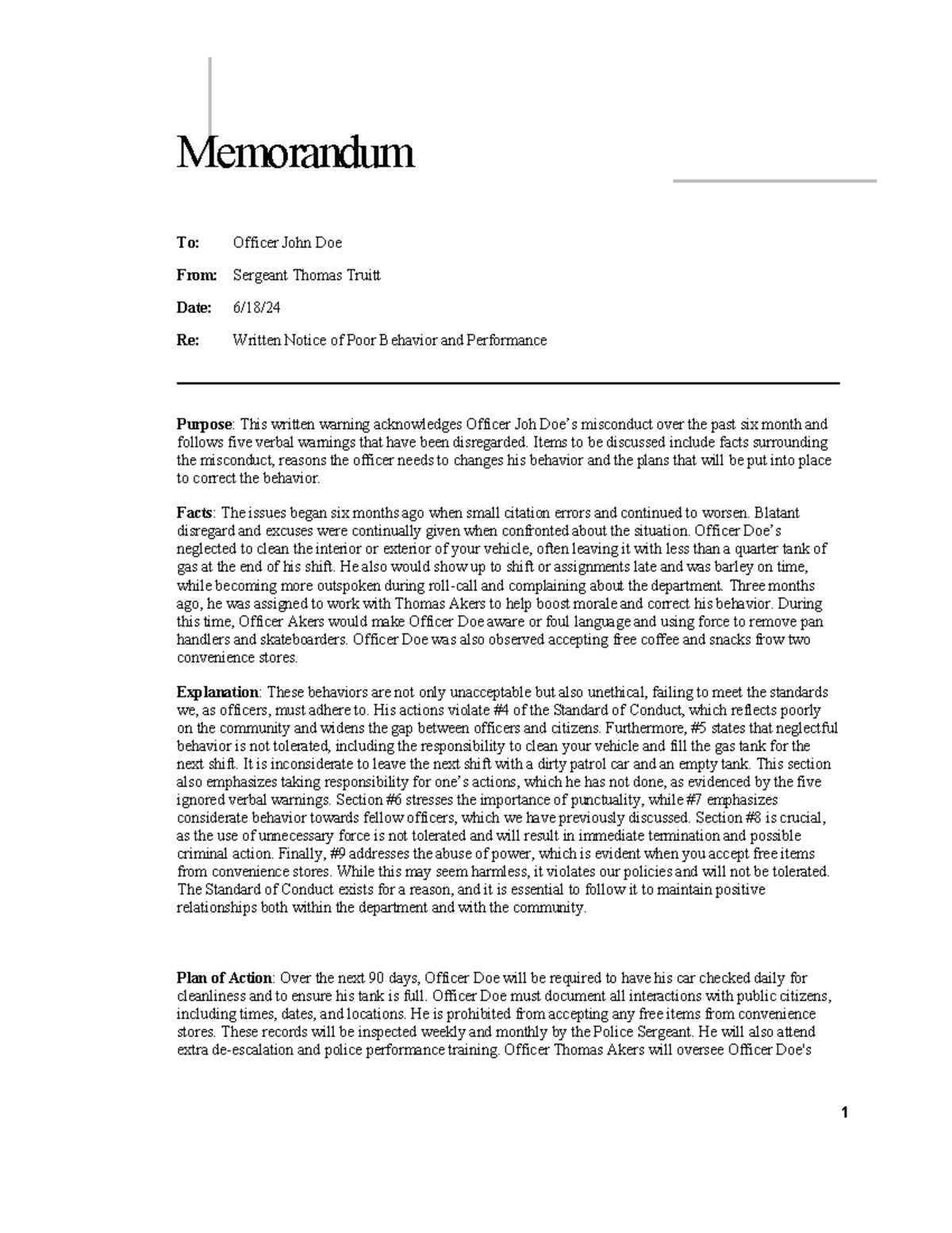 Personnel Action Memo Template - Memorandum To: Officer John Doe From ...