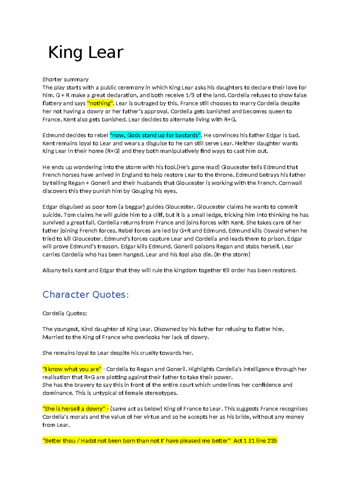 King Lear A level notes - King Lear Shorter summary The play starts ...