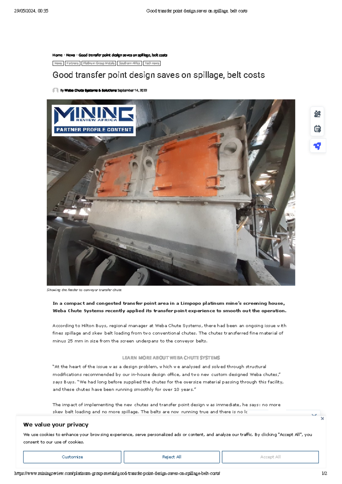 Good transfer point design saves on spillage, belt costs - According to ...