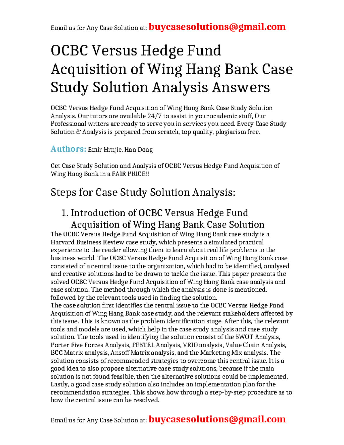 Case Solution OCBC Versus Hedge Fund Acquisition of Wing Hang Bank ...