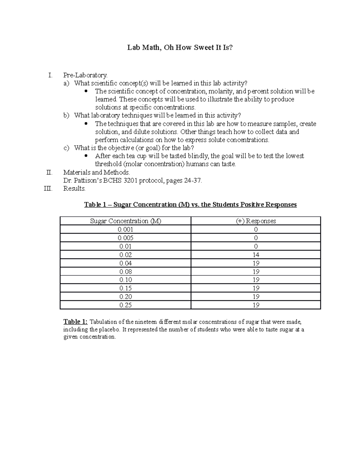 1 Lab Math - 1 Lab Math Lab Work - Lab Math, Oh How Sweet It Is? I. Pre ...