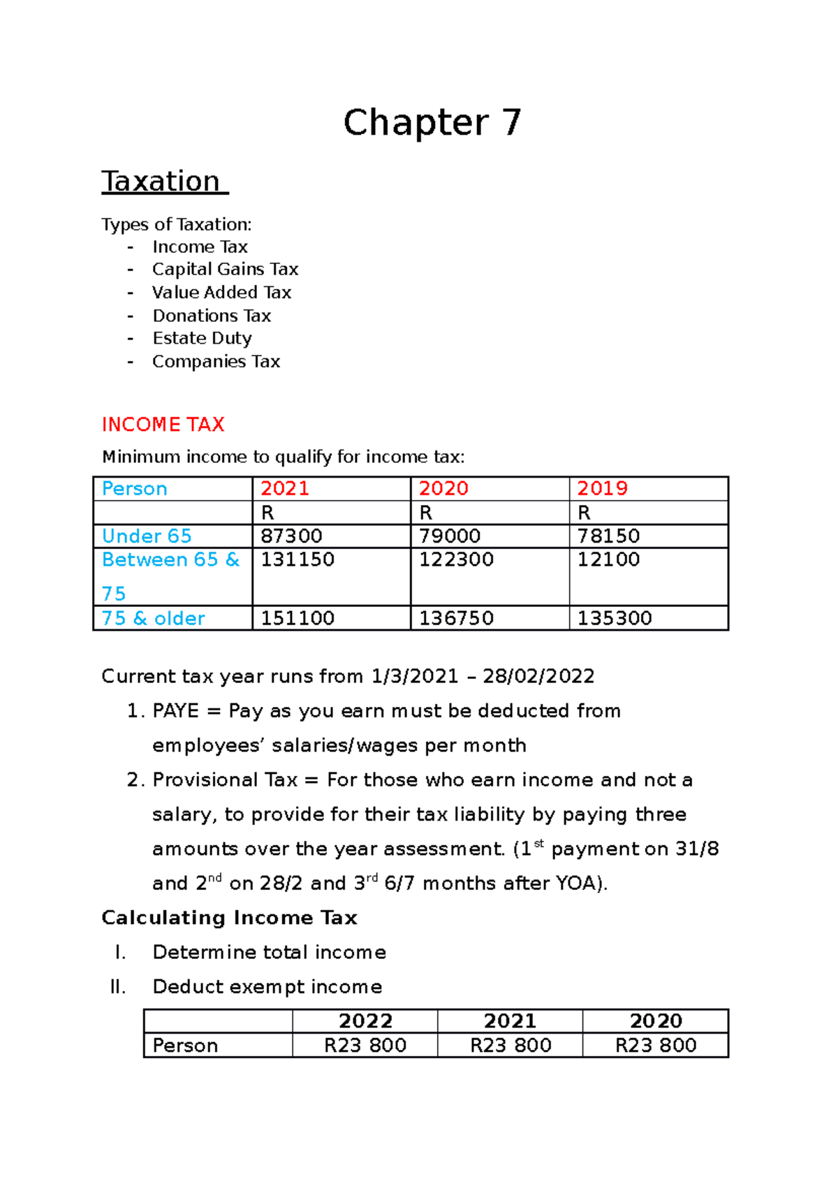 Chapter 7 Revision summary + important key notes - Chapter 7 Taxation ...