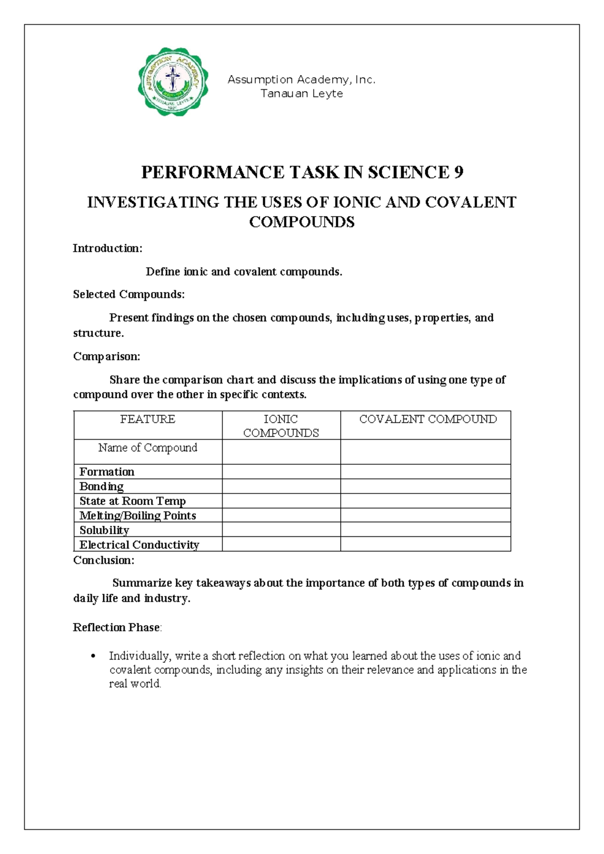 PT Grade 9 - performance - Assumption Academy, Inc. Tanauan Leyte ...