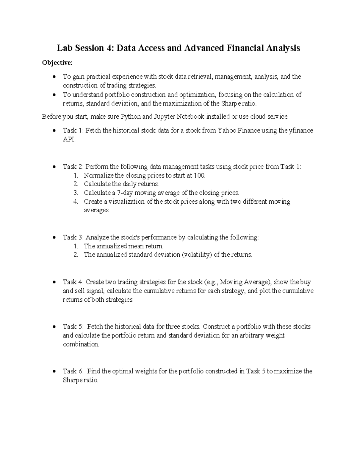 Lab Session 4 Data Access and Advanced Financial Analysis - To understand portfolio construction ...