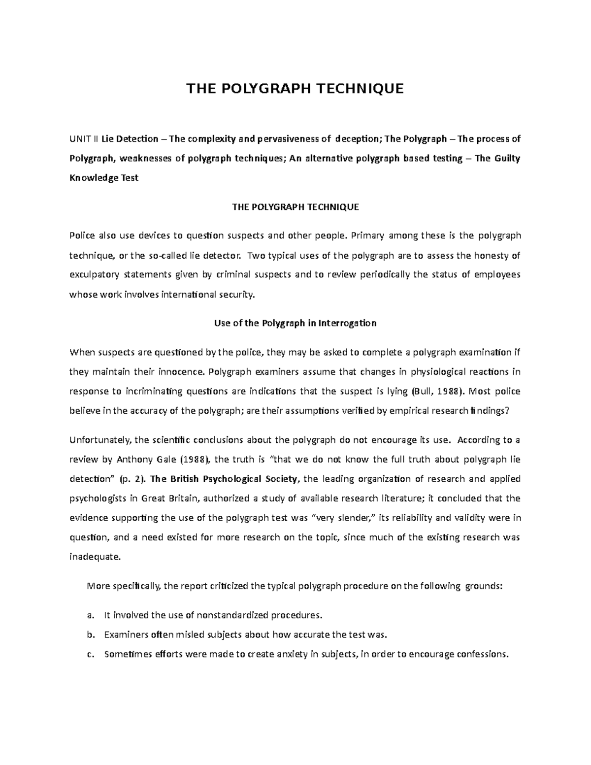 Notes on polygraph - THE POLYGRAPH TECHNIQUE UNIT II Lie Detection The ...