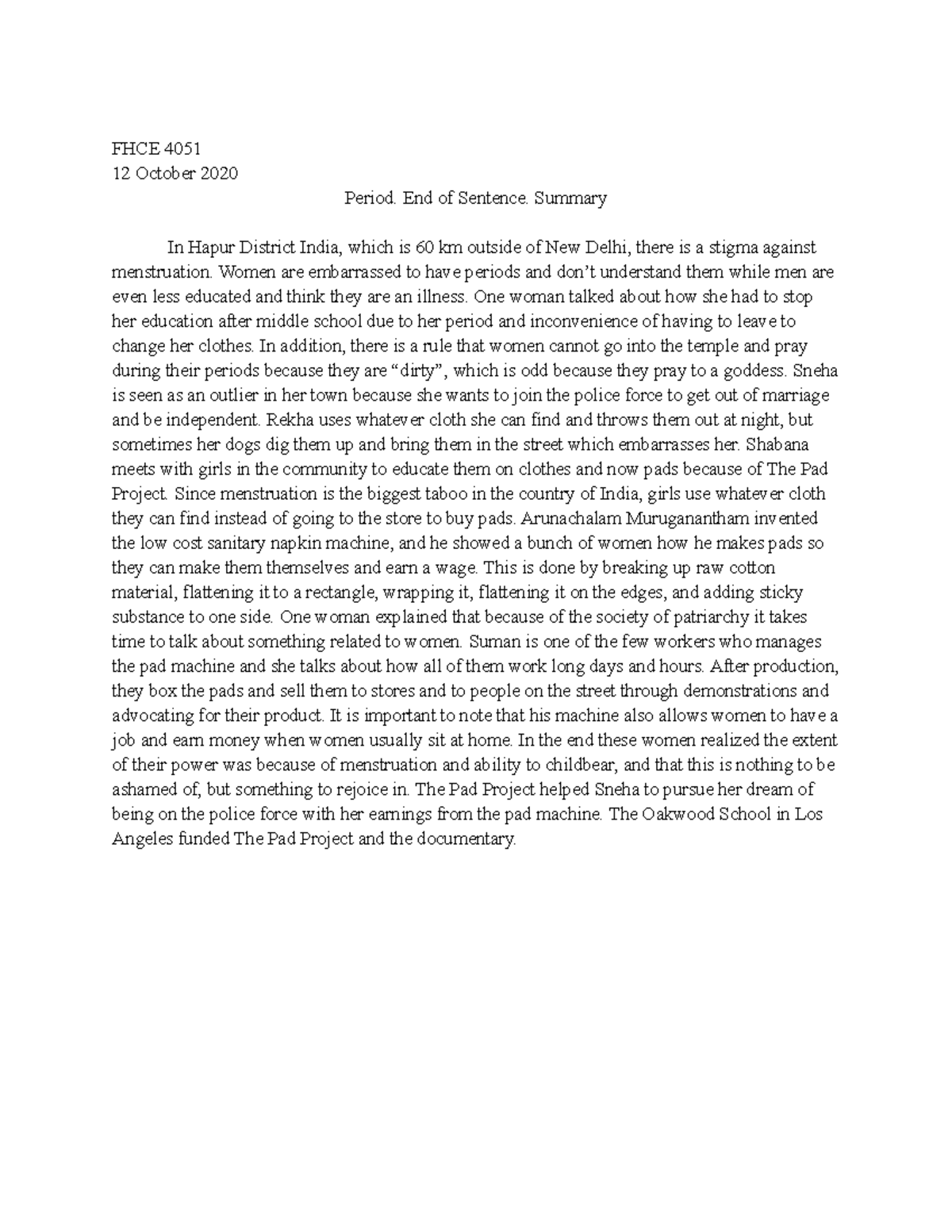 Period. End of Sentence. Summary-2 - FHCE 4051 12 October 2020 Period ...