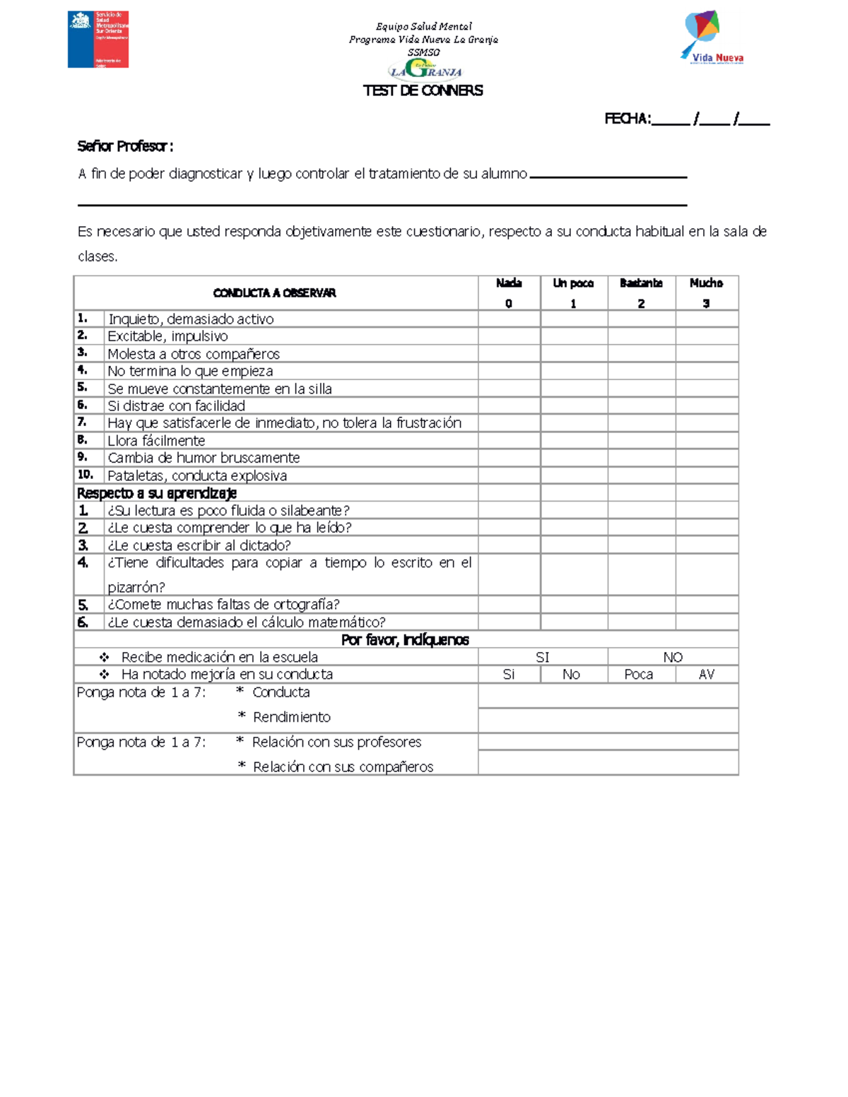 Test conners SM - Equipo Salud Mental Programa Vida Nueva La Granja ...