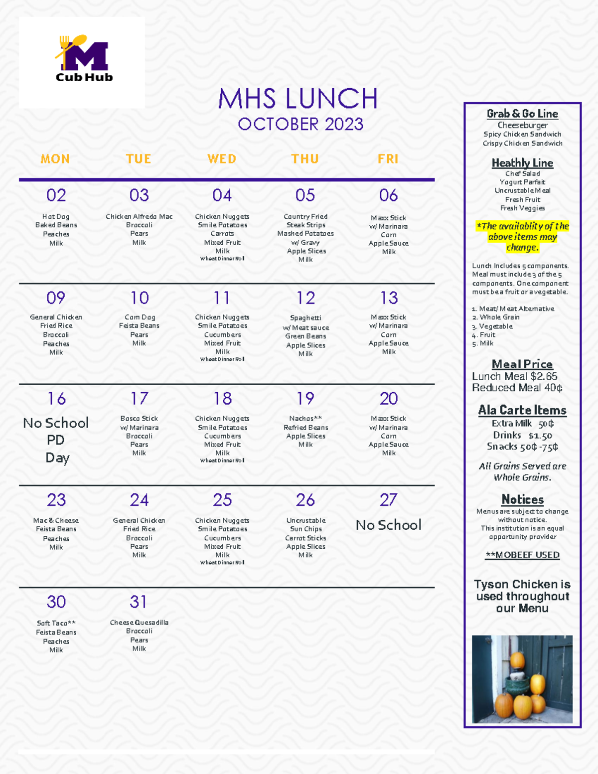 October - Lunch - MHS LUNCH OCTOBER 2023 MON TUE WED THU FRI 02 03 04 ...