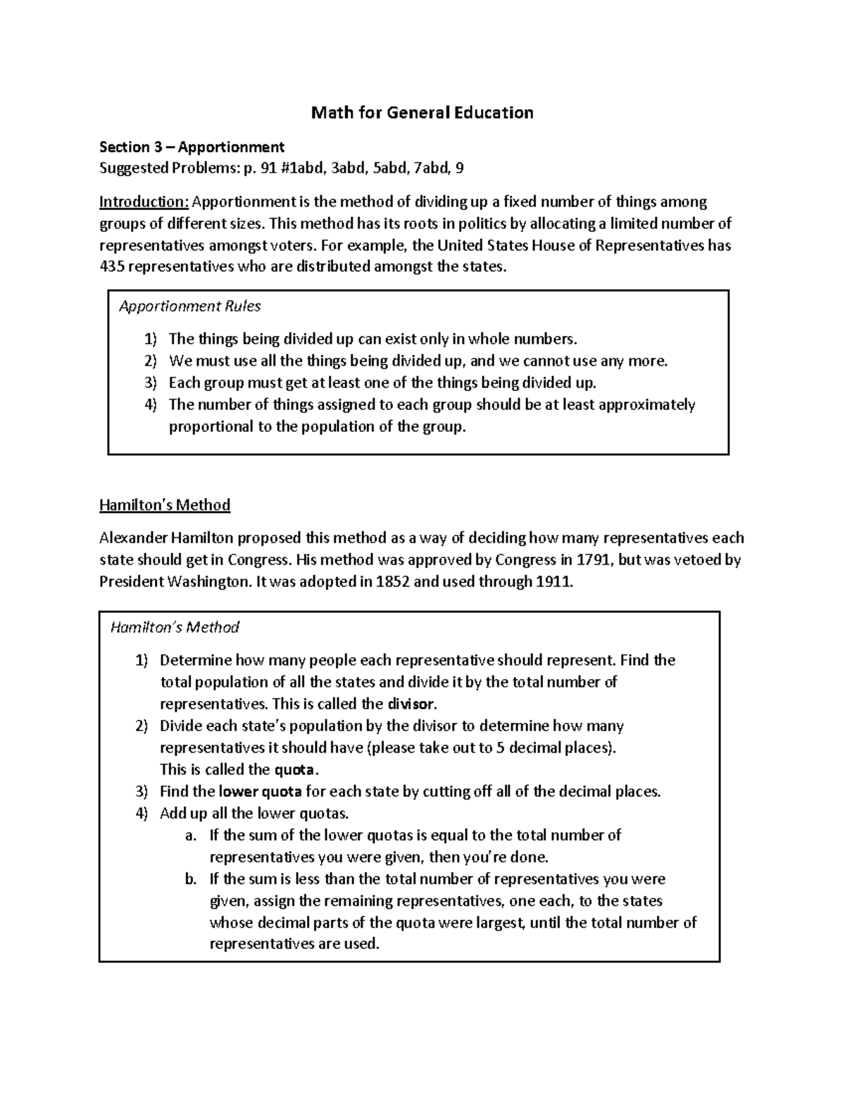 Math Gen Ed - Section 3 Complete Notes with HW - Apportionment - Math ...