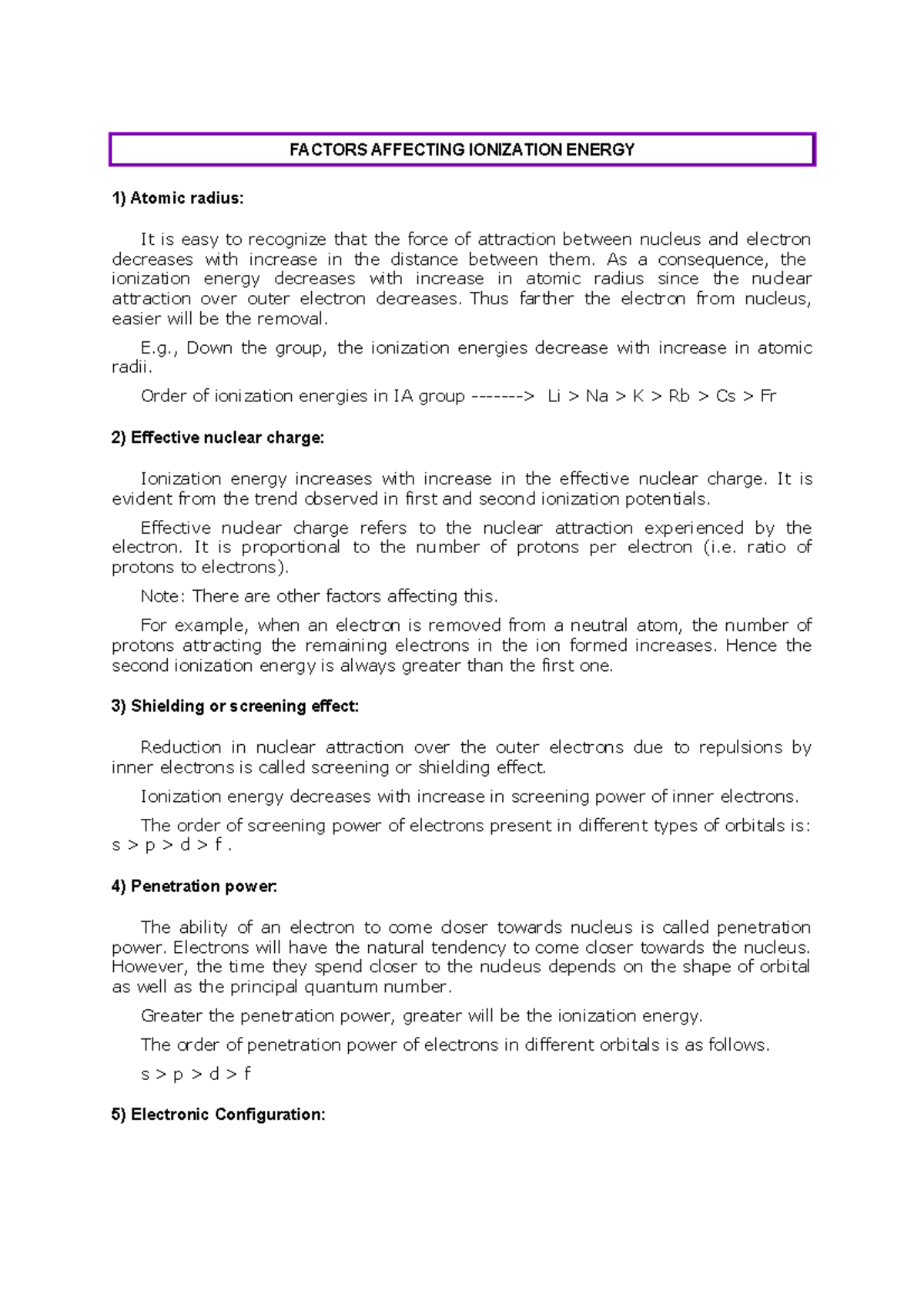 Factors Affecting Ionization Energy - FACTORS AFFECTING IONIZATION ...