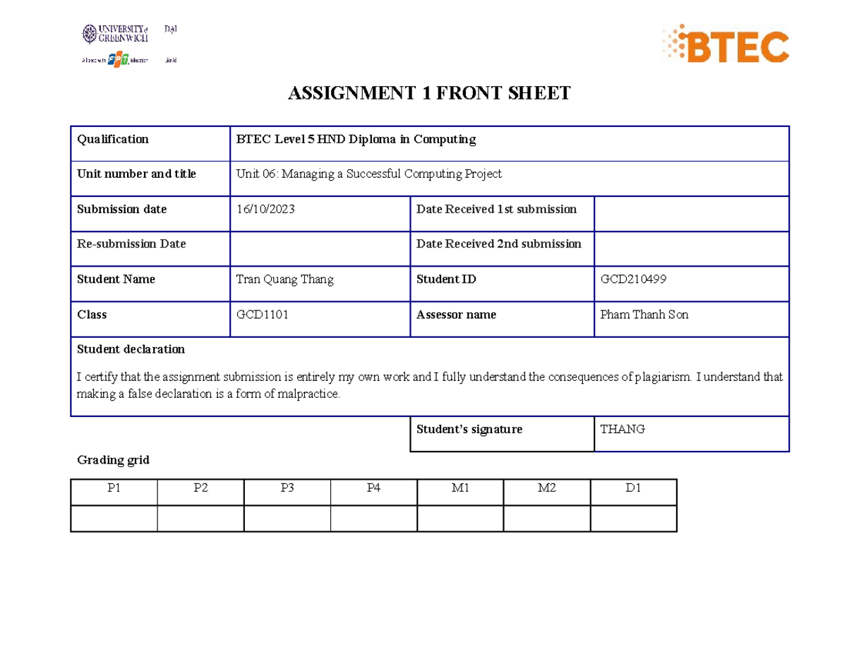 1625 ASM1 Tran Quang Thang GCD210499 GCD1101 - ASSIGNMENT 1 FRONT SHEET ...