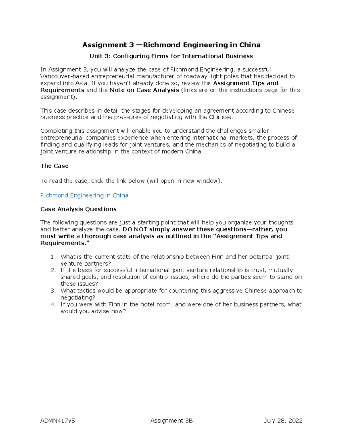 ADMN417v5 Assignment 3B - Assignment 3 —Richmond Engineering in China Unit 3: Configuring Firms ...
