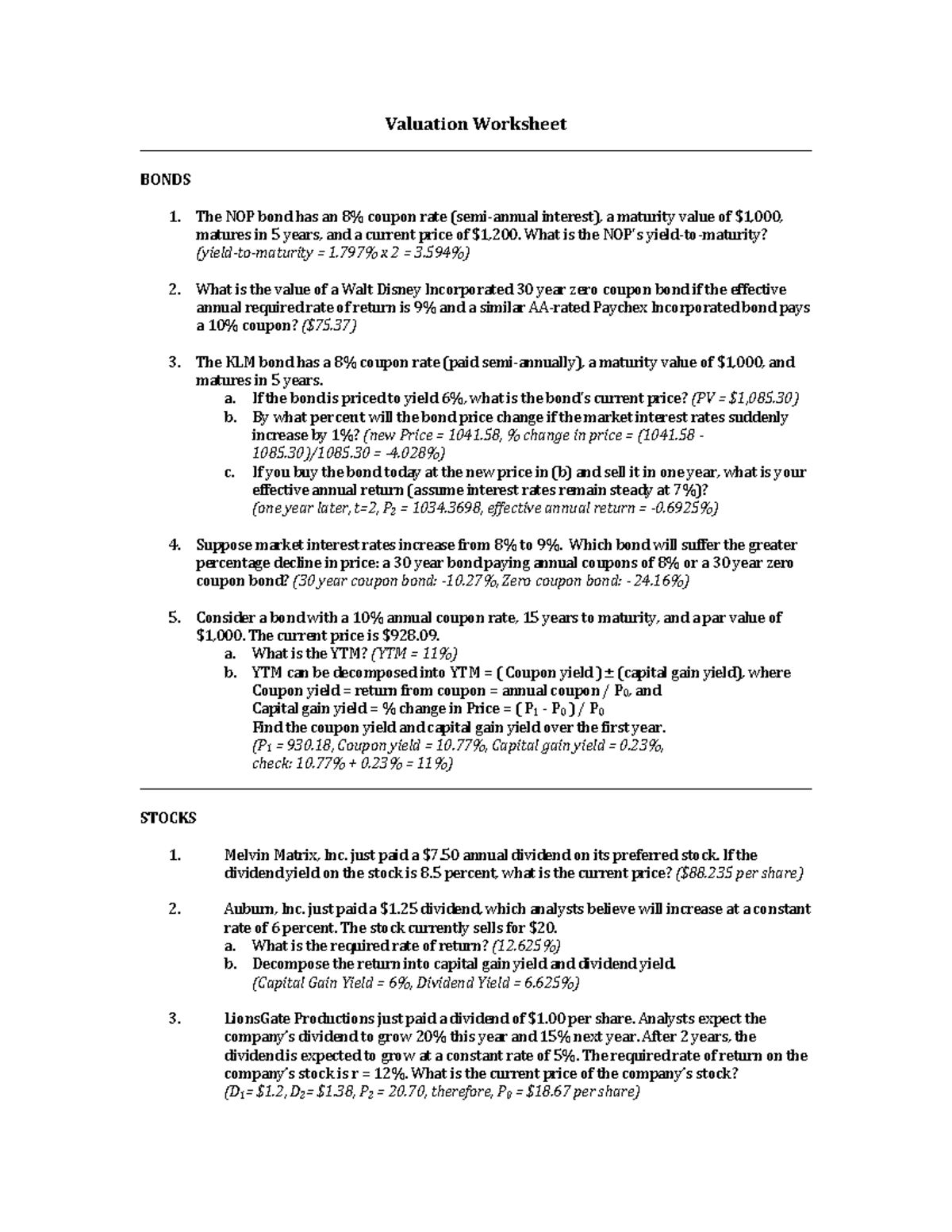 Valuation Worksheet - Valuation Worksheet BONDS 1. The NOP bond - Studocu