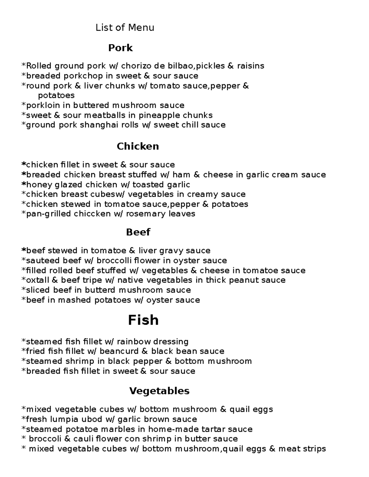 List-of-Menu - none - List of Menu Pork *Rolled ground pork w/ chorizo ...