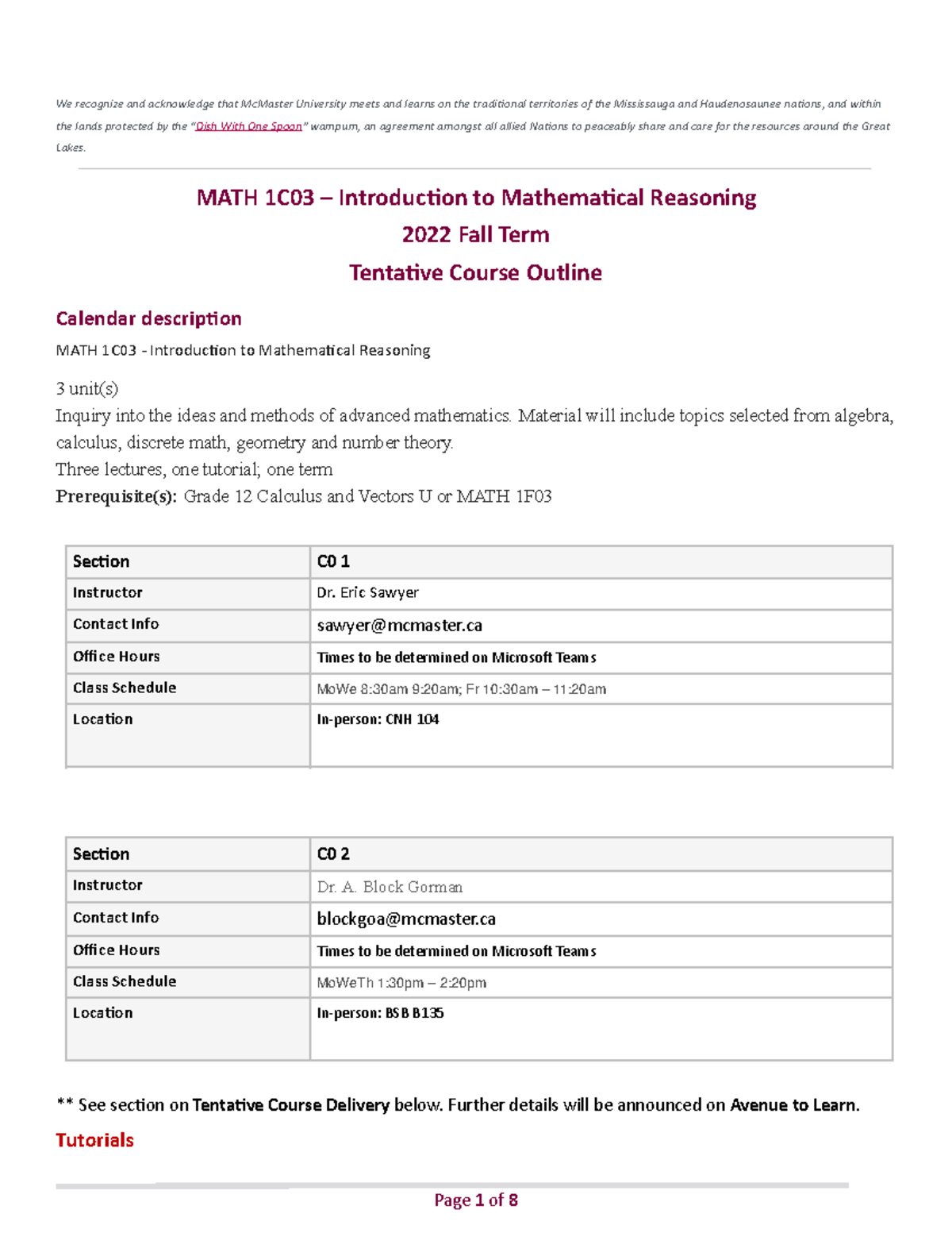 MATH 1C03 Fall 2022 - Outline - We recognize and acknowledge that ...