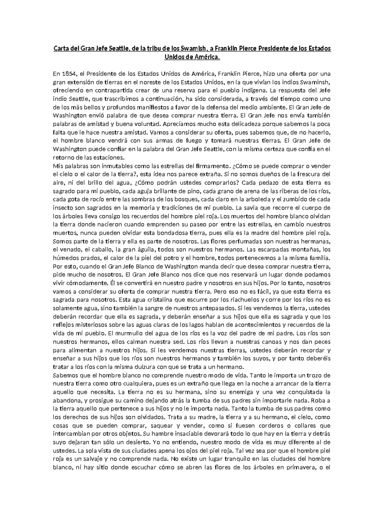 Carta del Gran Jefe Seattle - En 1854, el Presidente de los Estados ...