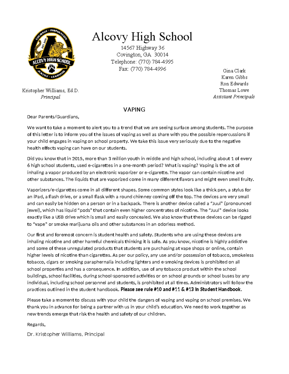 Vaping Letter to Parents(1) 2 - VAPING Dear Parents/Guardians, We want to take a moment to alert ...
