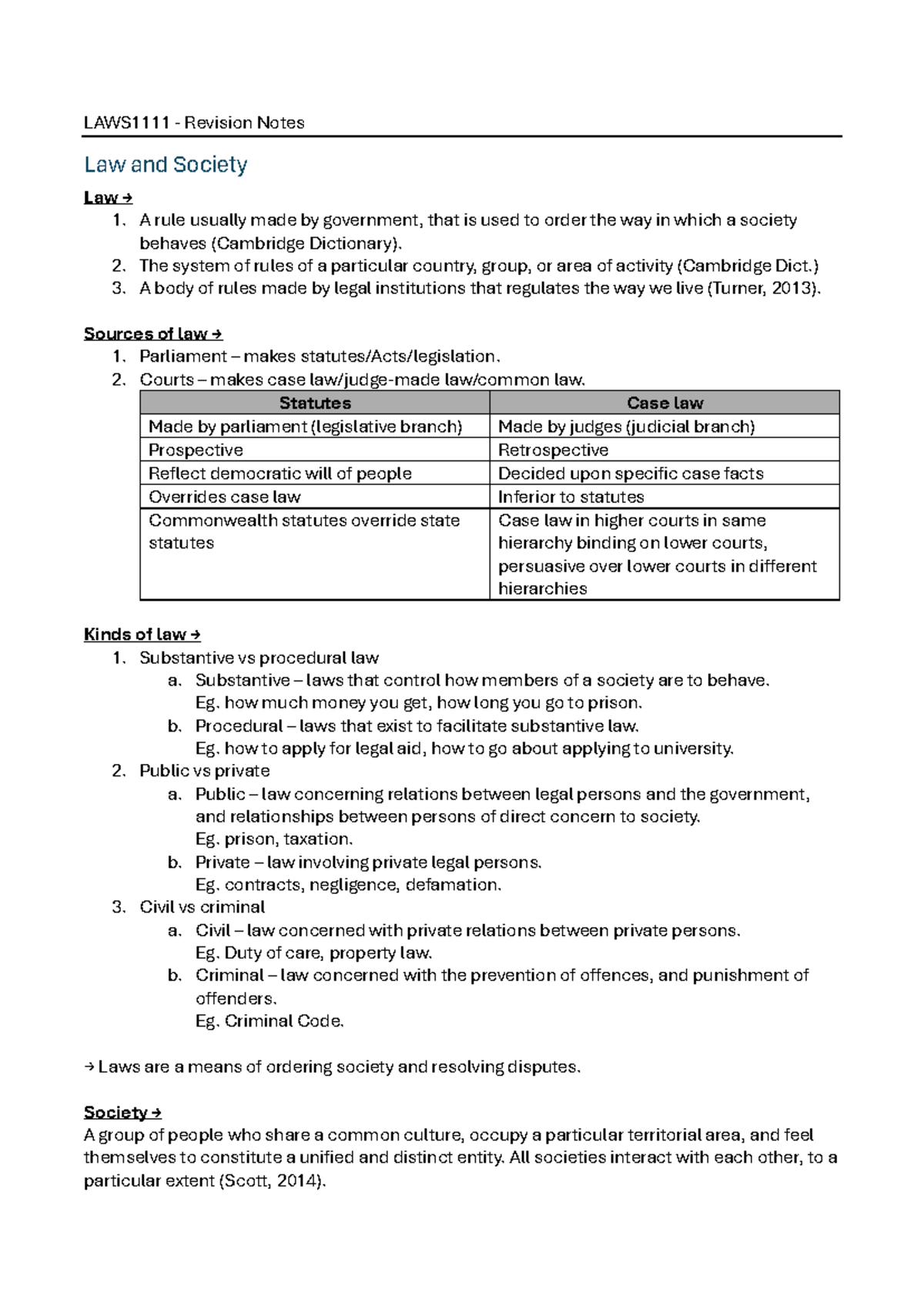 LAWS1111 - revision notes - LAWS1111 - Revision Notes Law and Society ...