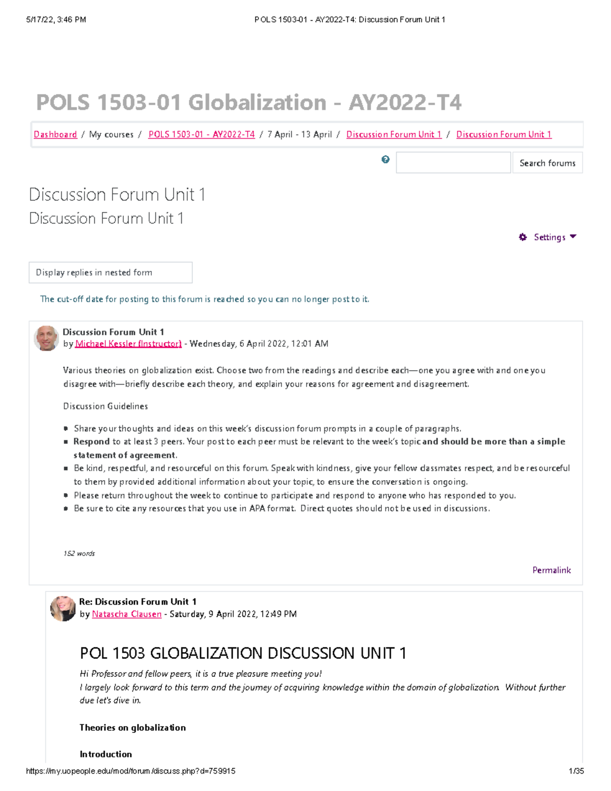 POLS 1503-01 - AY2022-T4 Discussion Forum Unit 1 - POLS 1503-01 Globalization - AY2022-T ...