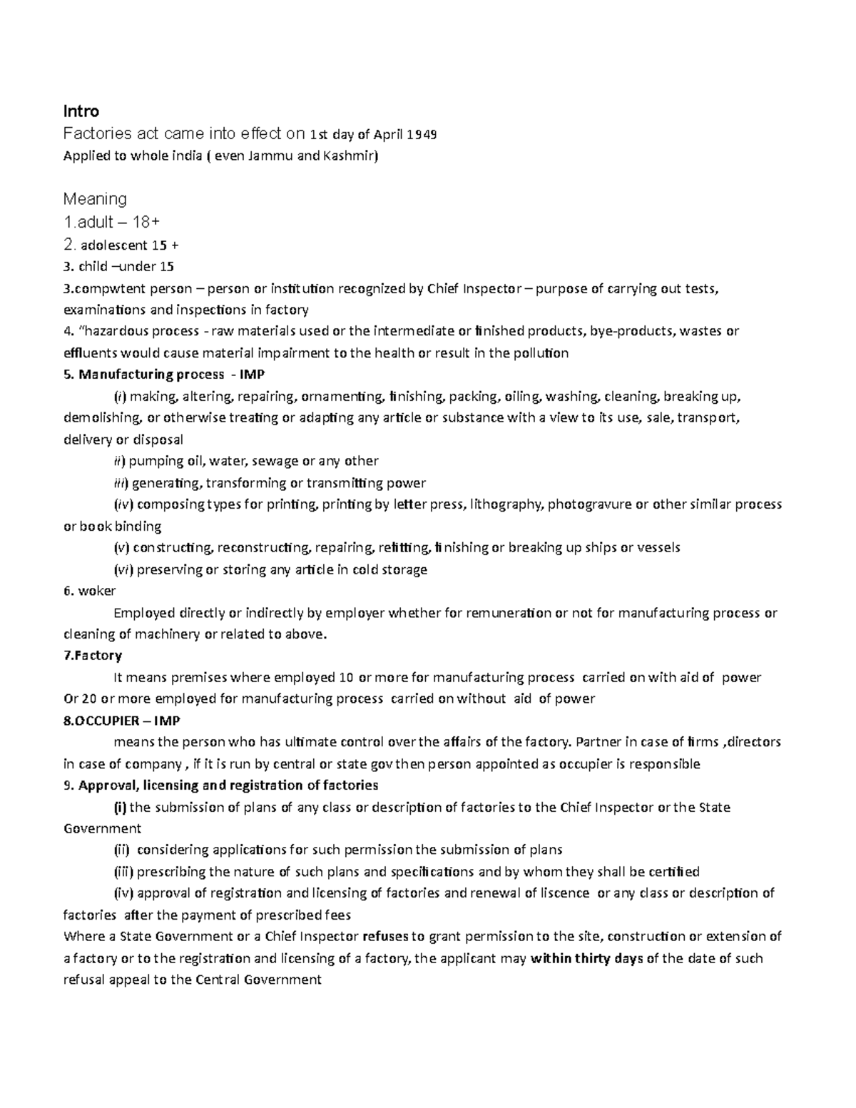 FA - Summary for Factory Act - Intro Factories act came into effect on ...