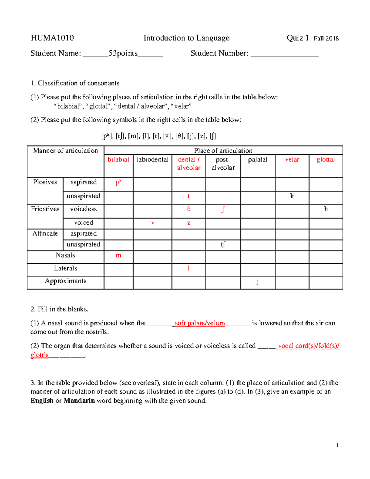 Quiz 1 on IPA consonants and articulations - HUMA1010 Introduction to ...