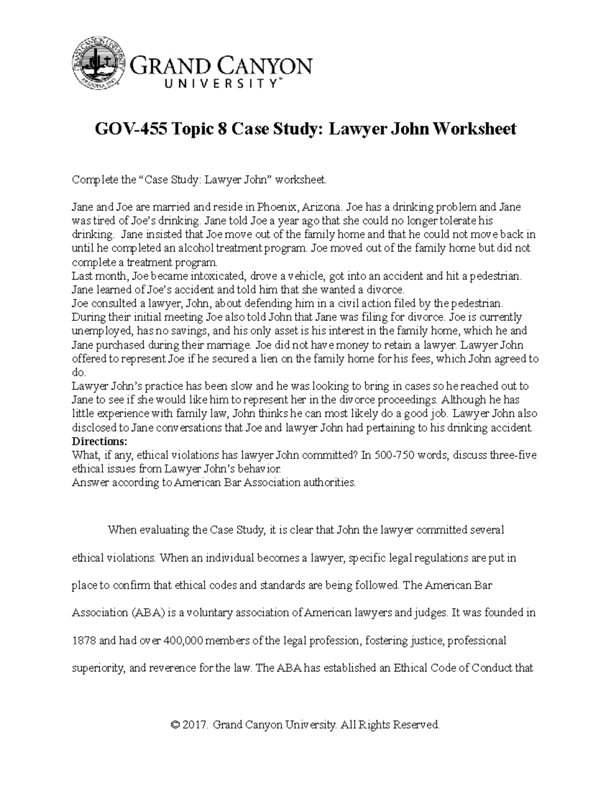 GOV-455 Topic 8 Case Study Lawyer John Worksheet.5-15-17docx - GOV-455 ...