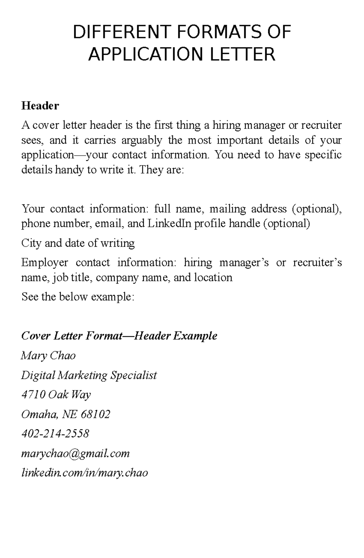 Application Letter Format - DIFFERENT FORMATS OF APPLICATION LETTER ...
