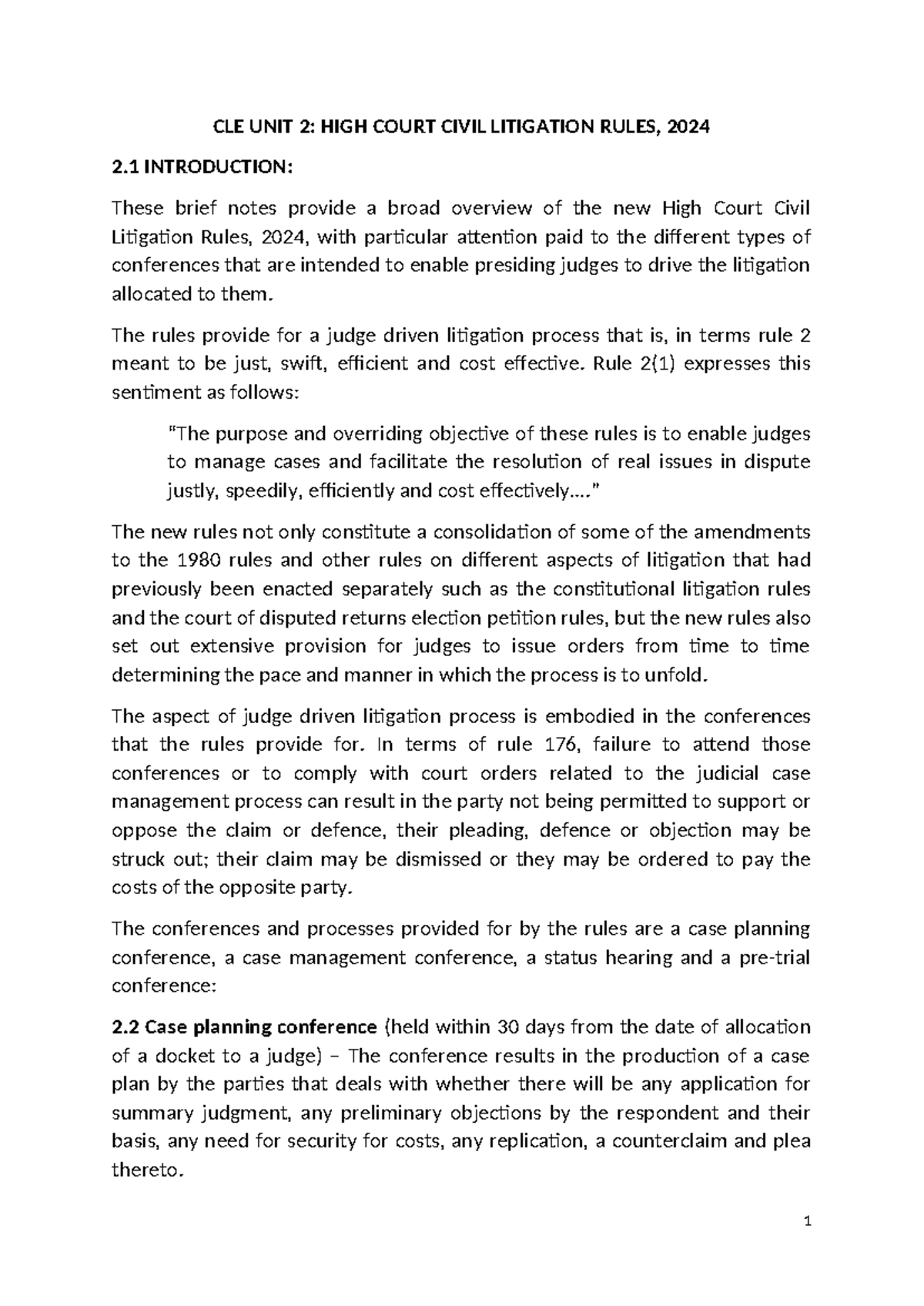 CLE UNIT 2, 2024 Overview OF HIGH Court Rules - CLE UNIT 2: HIGH COURT ...