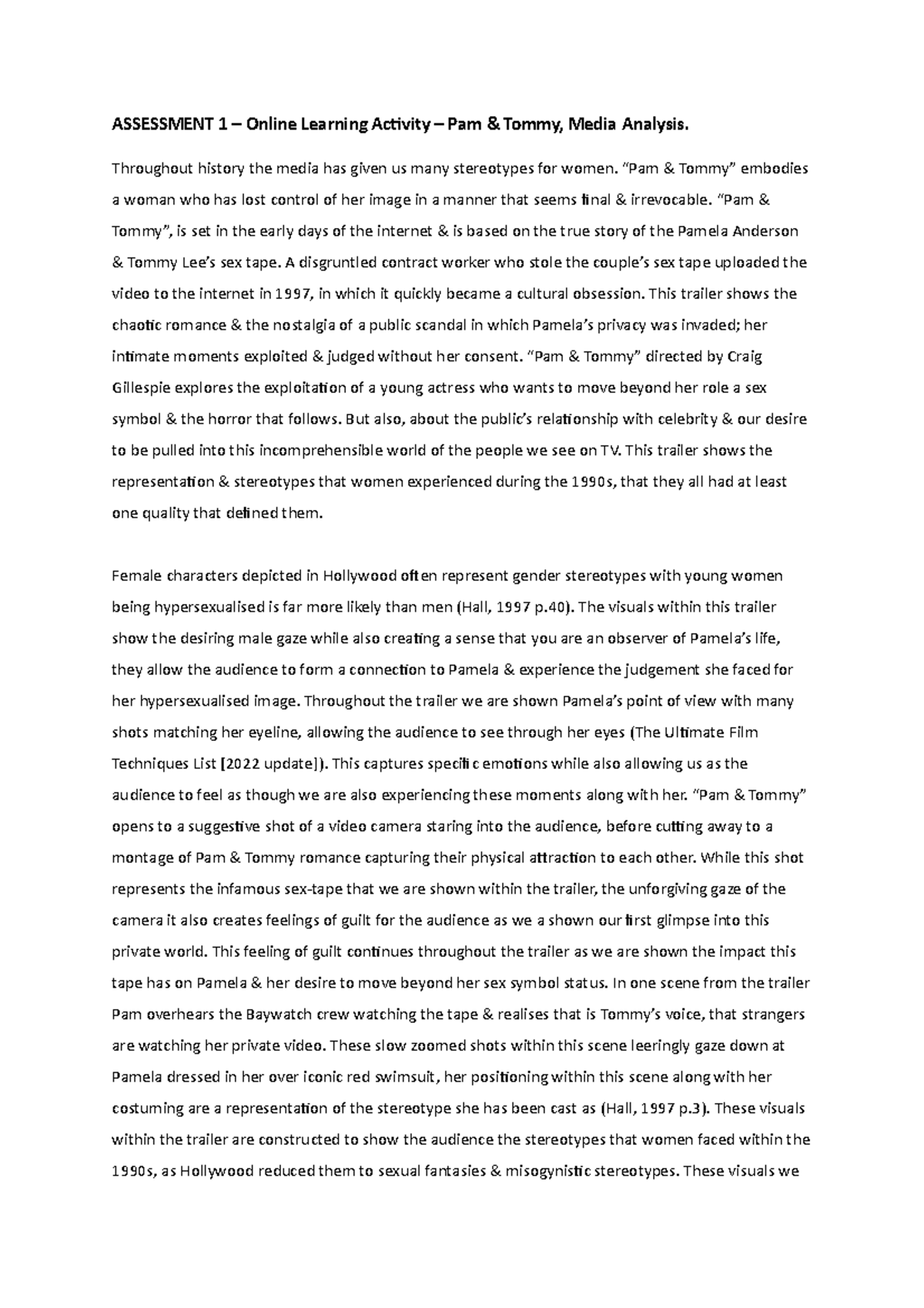 Media Analysis Assessment 1 - ASSESSMENT 1 – Online Learning Activity – Pam & Tommy, Media - Studocu