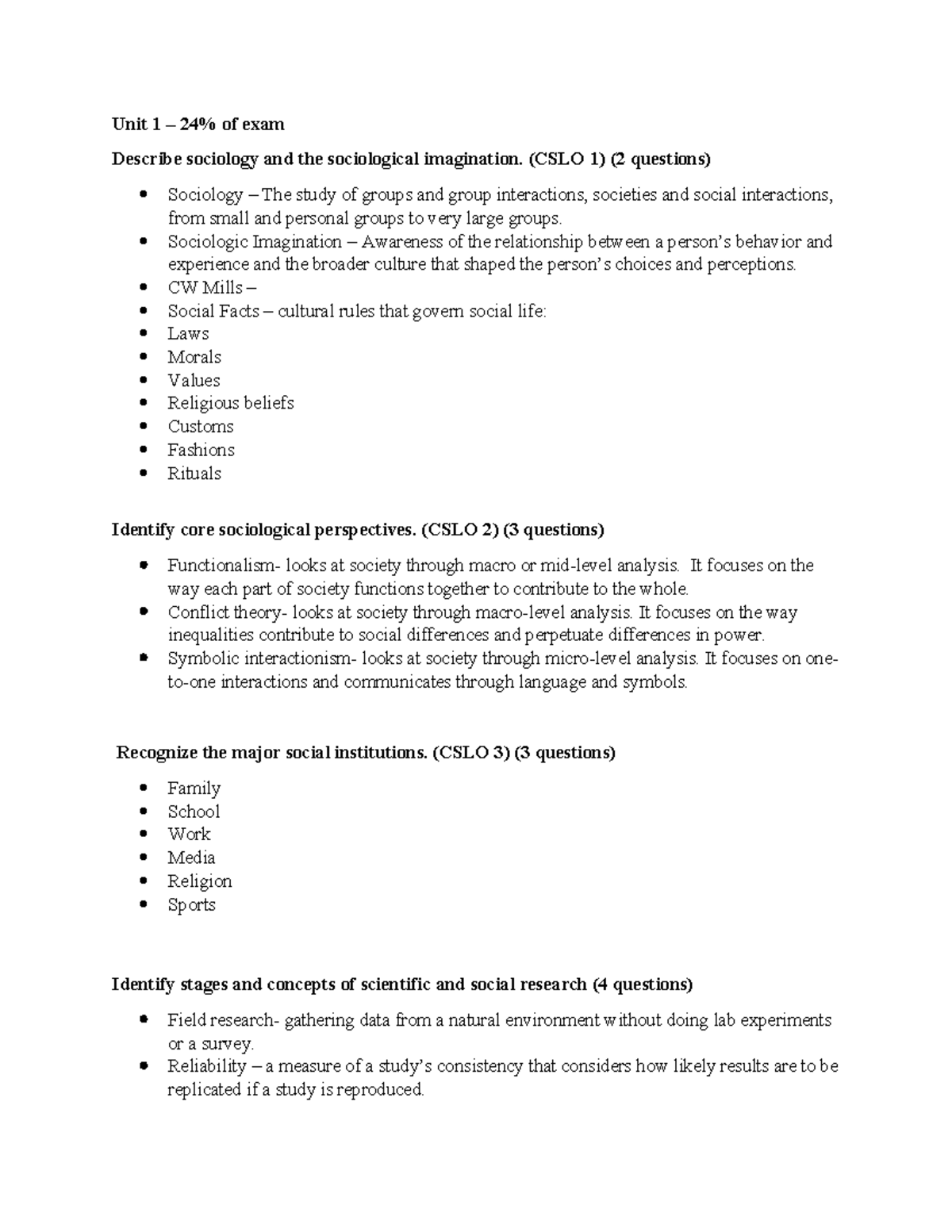 Exam 1 study guide - Unit 1 – 24% of exam Describe sociology and the ...