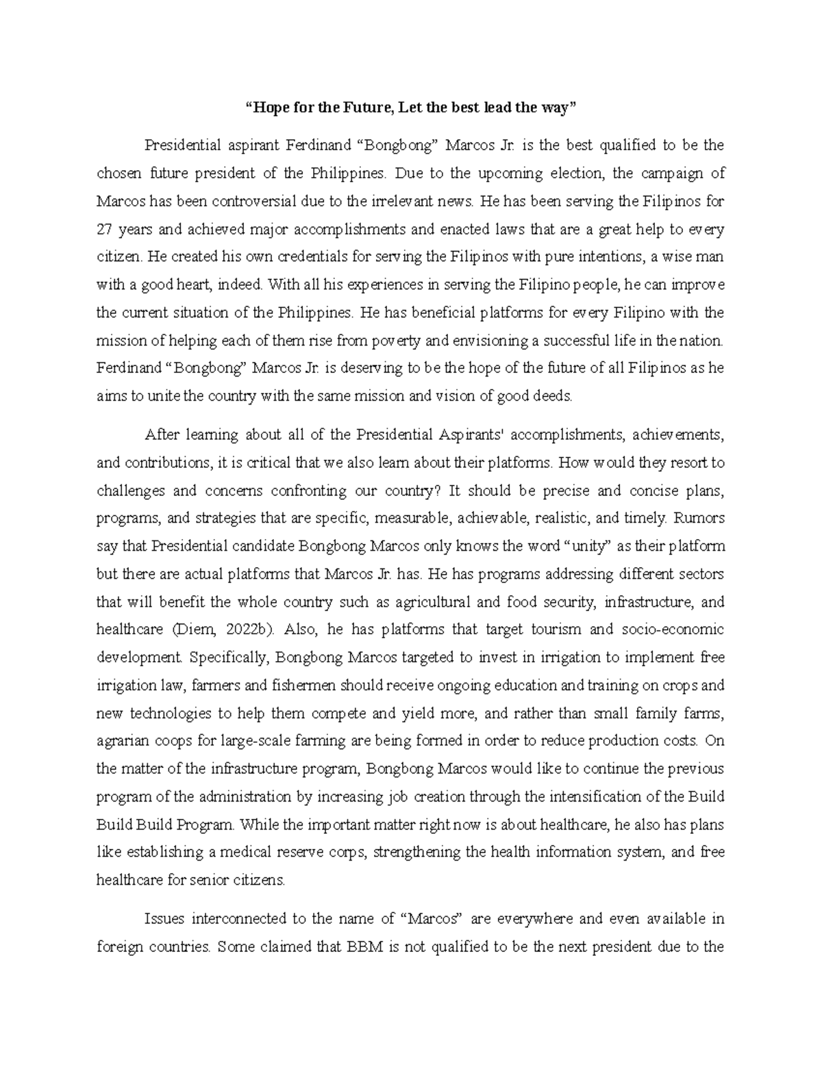 BBM - Argumentative Essay - “Hope for the Future, Let the best lead the ...