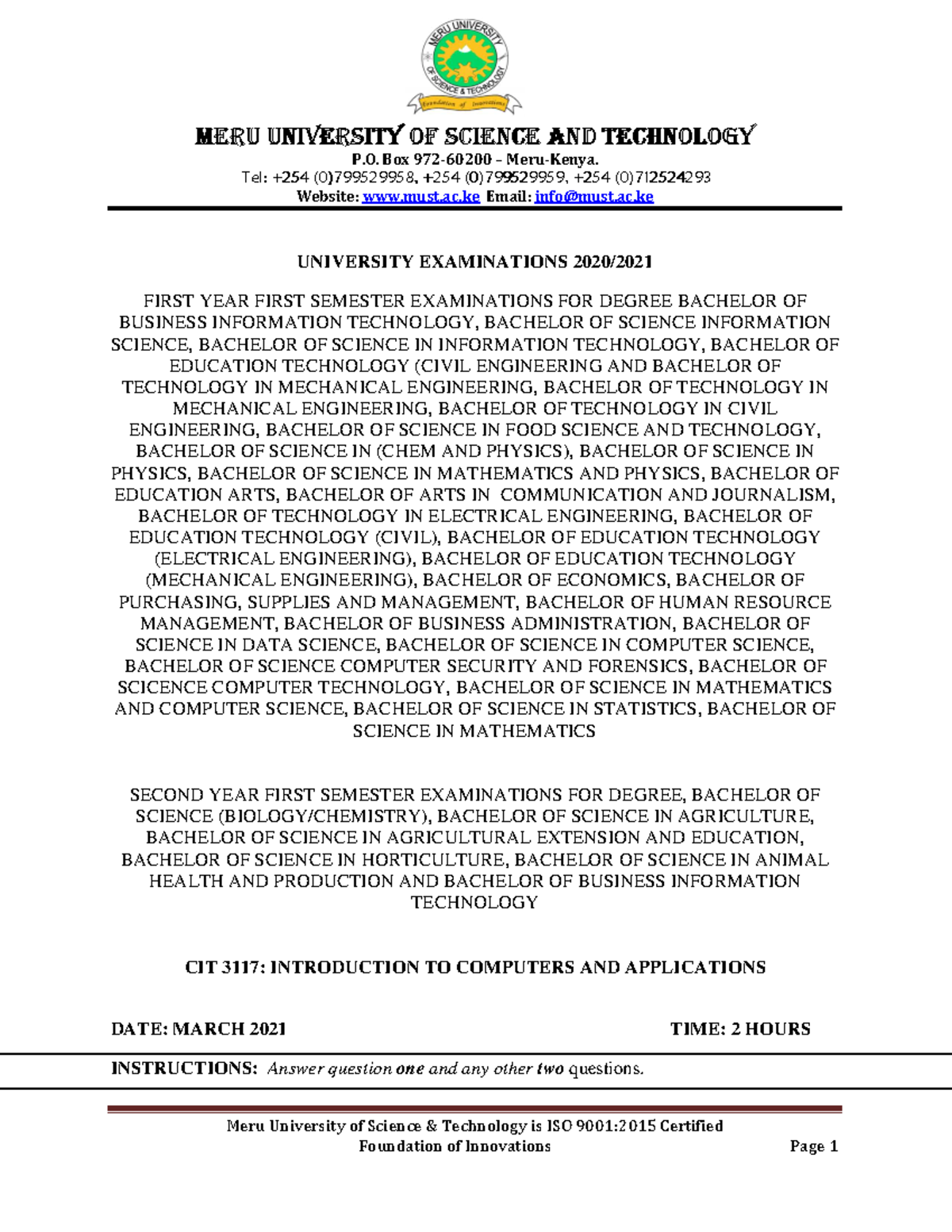 Cit 3117 Introduction To Computers And Applications Meru University Of Science And Technology Is